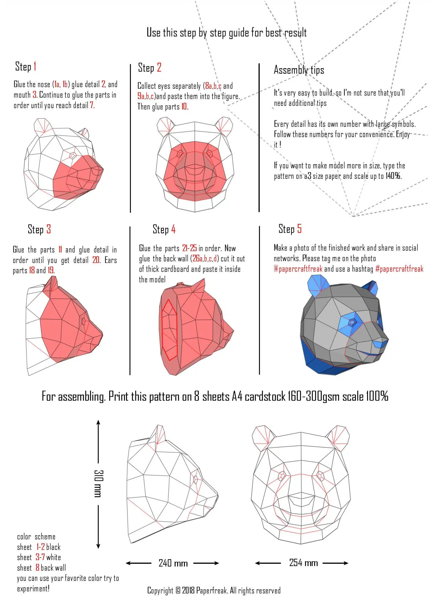 panda head papercraft - 3d origami paper model